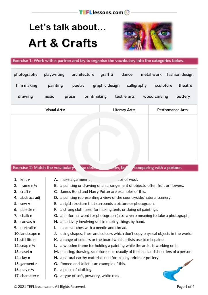 Arts and Crafts Vocabulary - TEFL Lessons | ESL Materials | Speaking