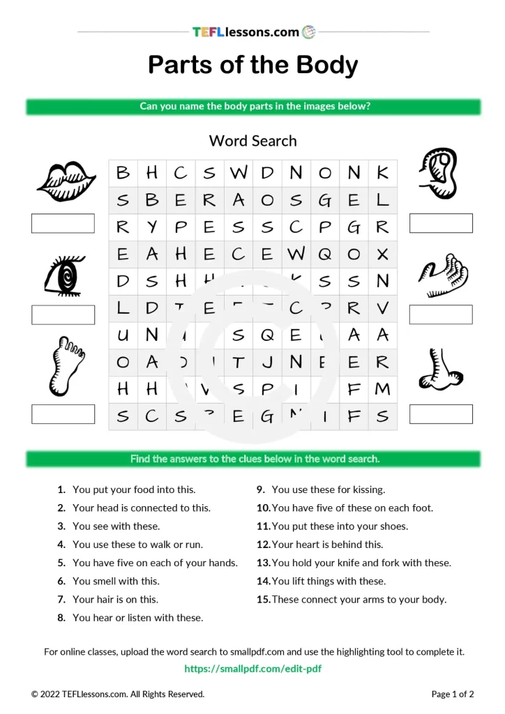 Body Parts Vocabulary Puzzle - TEFL Lessons - tefllessons.com | ESL ...