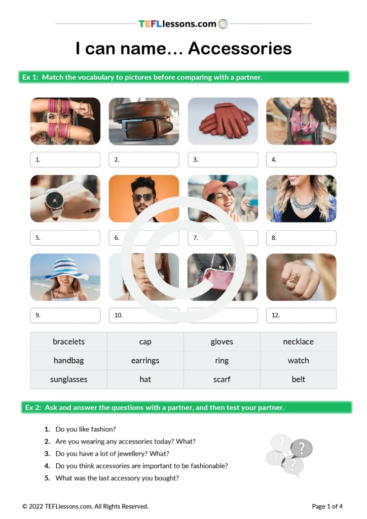 Accessories Vocabulary - TEFL Lessons - tefllessons.com | ESL lesson ...