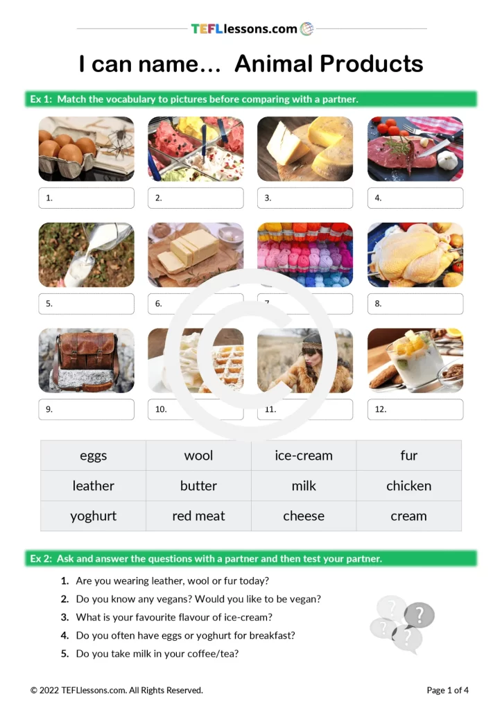 Animal Products Vocabulary - TEFL Lessons - tefllessons.com | ESL ...