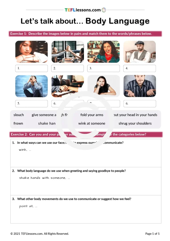 Body Language Lesson - TEFL Lessons - tefllessons.com | ESL worksheets