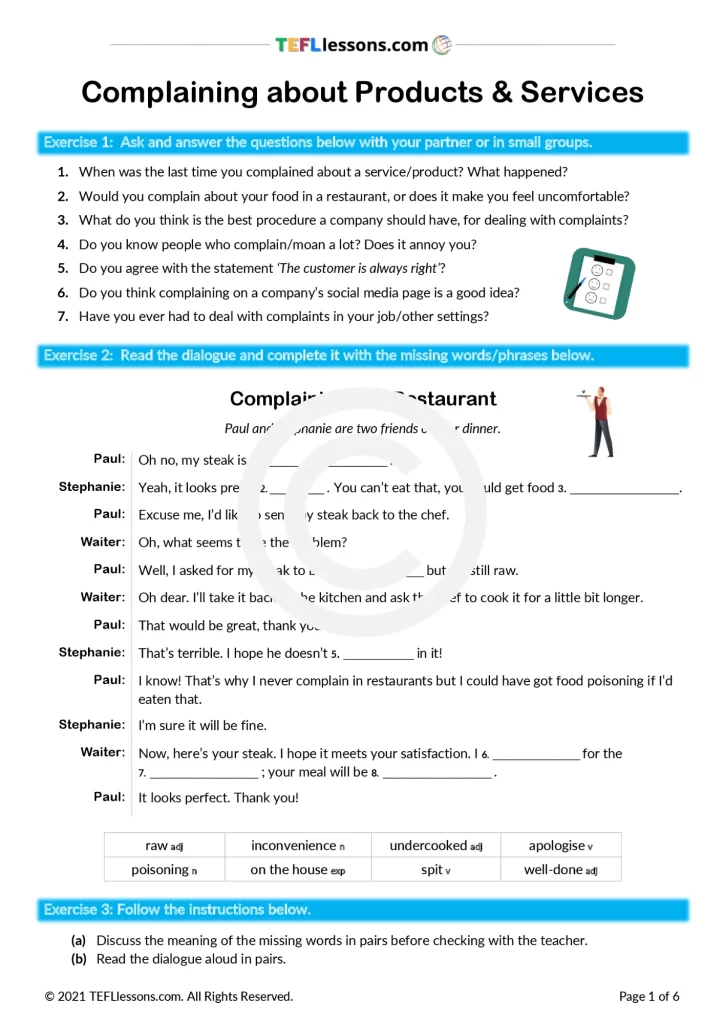 Language for Complaining - TEFL Lessons - tefllessons.com