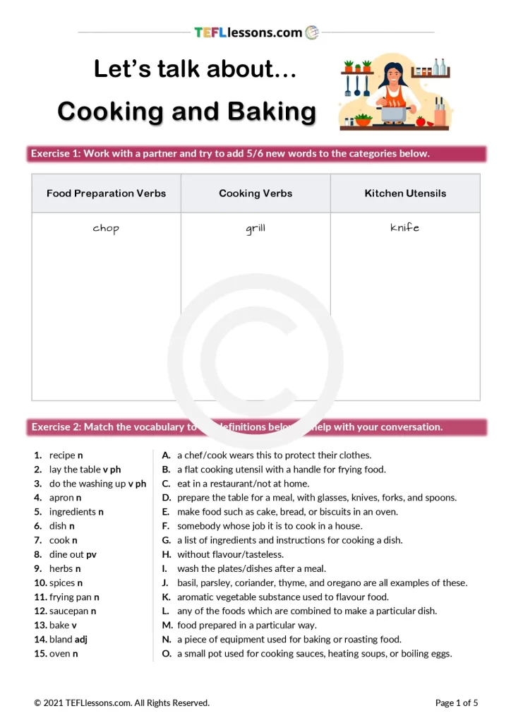 Talking about Cooking - TEFL Lessons - tefllessons.com | ESL worksheets