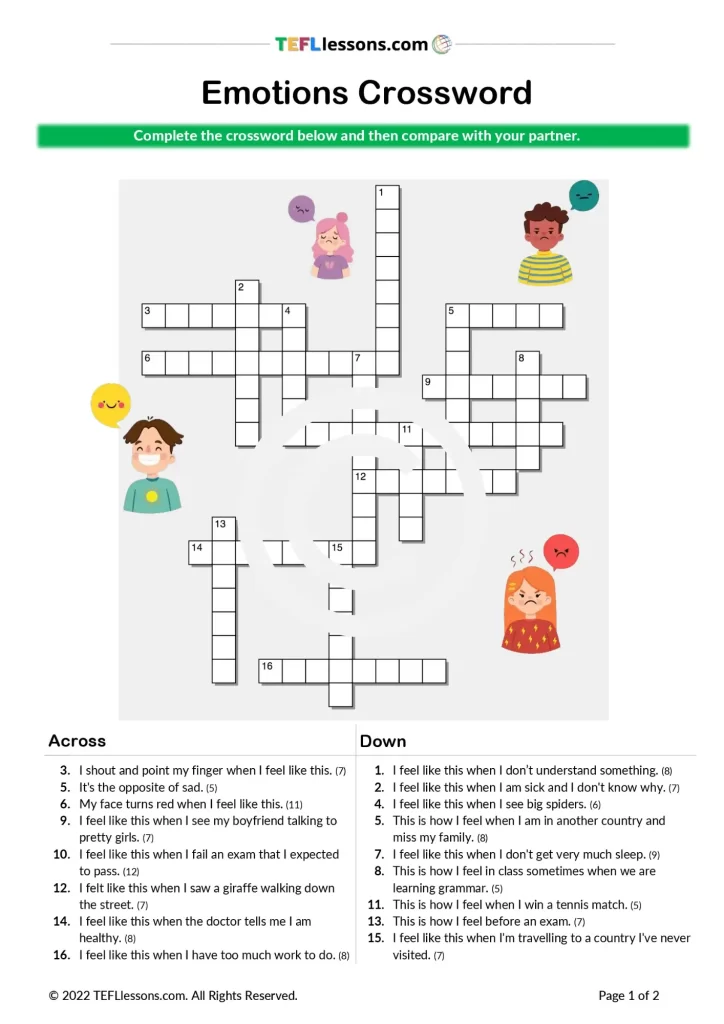 Emotions Vocabulary Crossword - TEFL Lessons - tefllessons.com | ESL ...