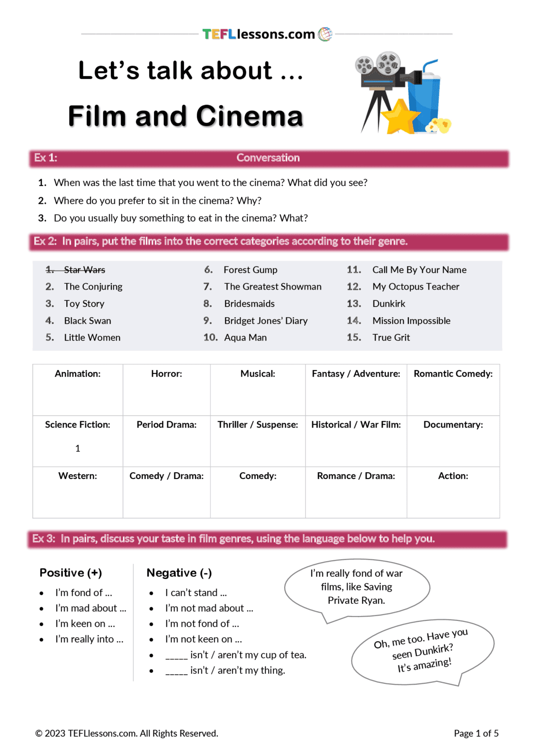 Talking about Films - TEFL Lessons | Free ESL worksheets