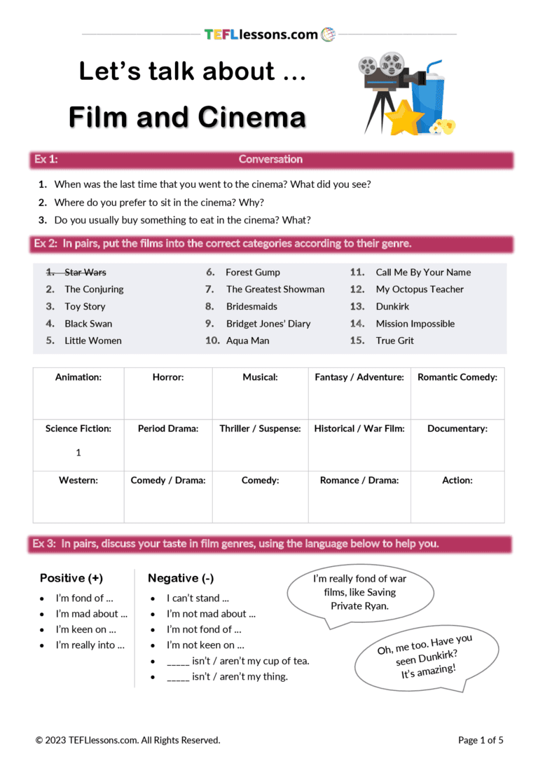 Write a Film Review | TEFL Lessons - tefllessons.com | ESL worksheets