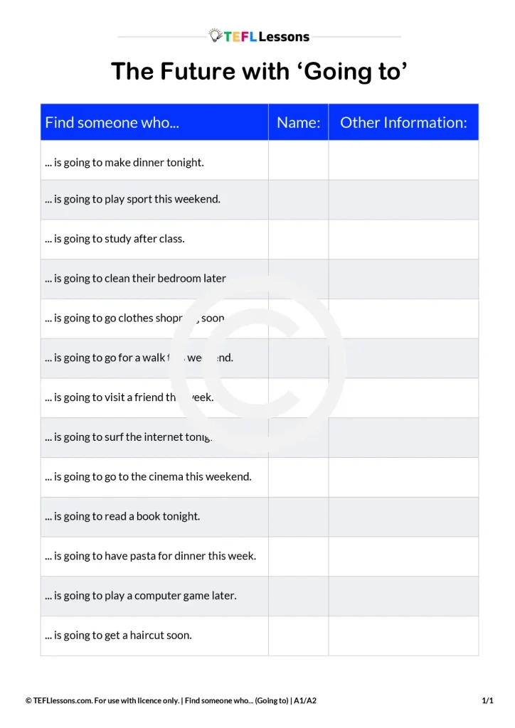 Be Going To Speaking Activity – Find Someone Who ESL task - TEFL ...