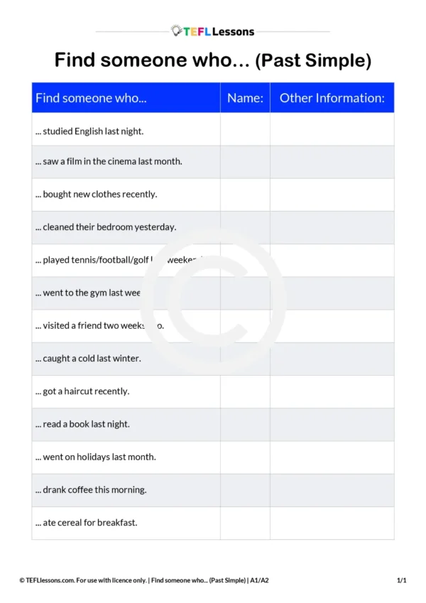 Past Simple Speaking Activity (Find Someone Who) | ESL A1–A2| TEFL ...