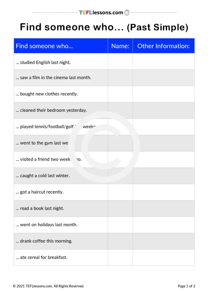 Esl Speaking Activities 200 Past Simple Present Past Simple Speaking