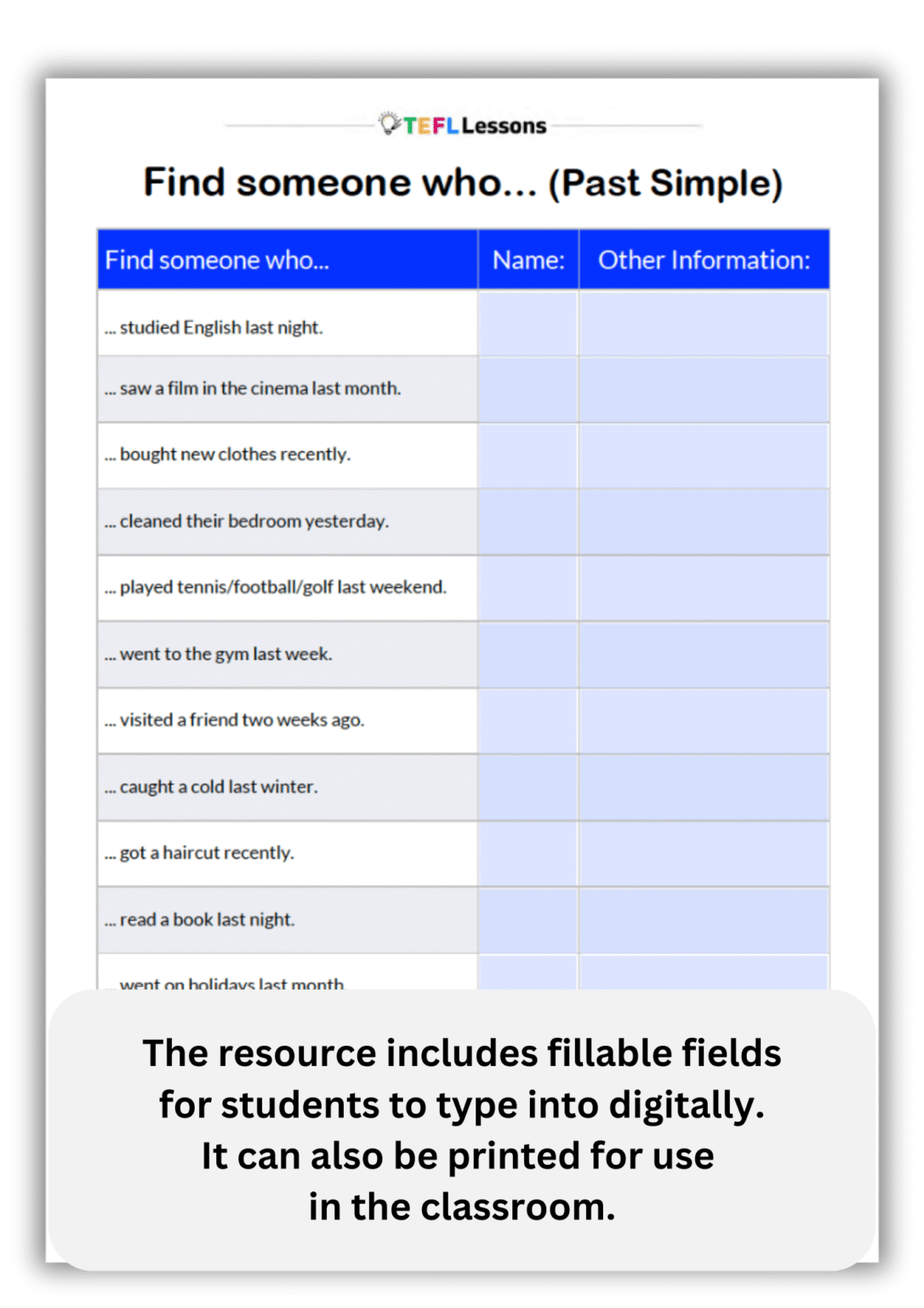 Past Simple Speaking Activity (Find Someone Who) | ESL A1–A2| TEFL ...