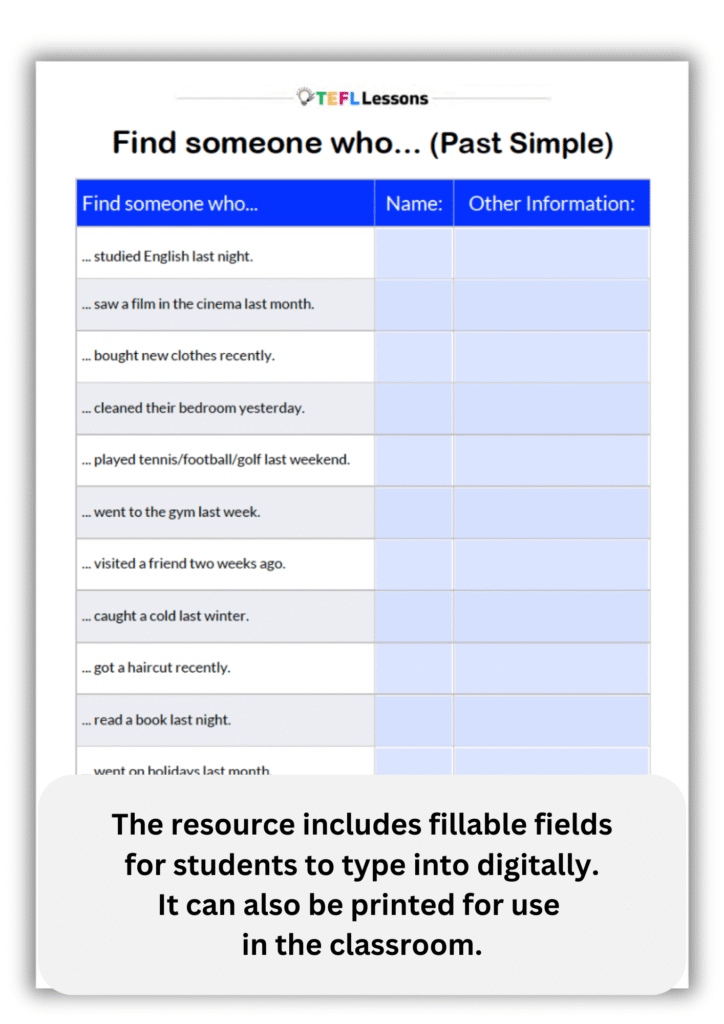 Past Simple Speaking Activity (Find Someone Who) | ESL A1–A2| TEFL ...