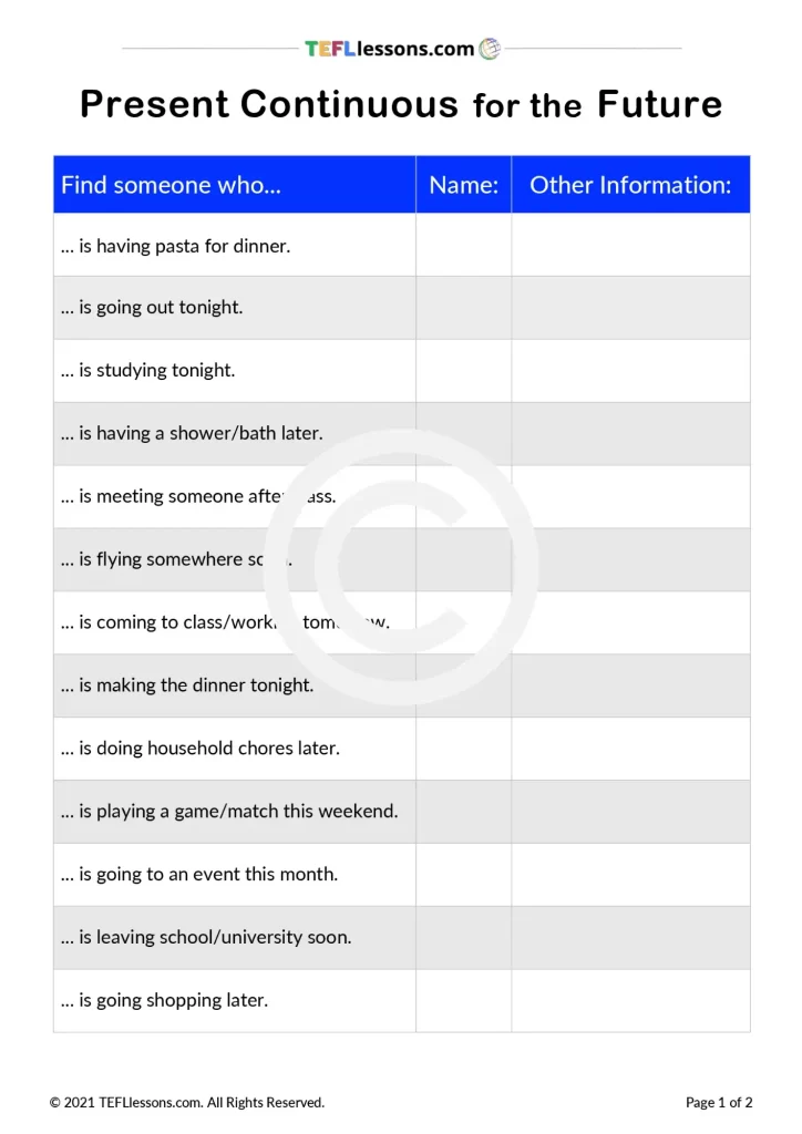 Present Continuous for the Future - TEFL Lessons - tefllessons.com ...