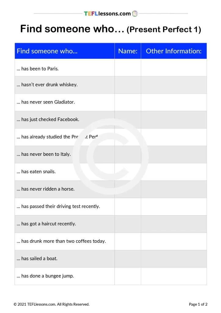 Present Perfect Speaking Activity - TEFL Lessons - tefllessons.com ...