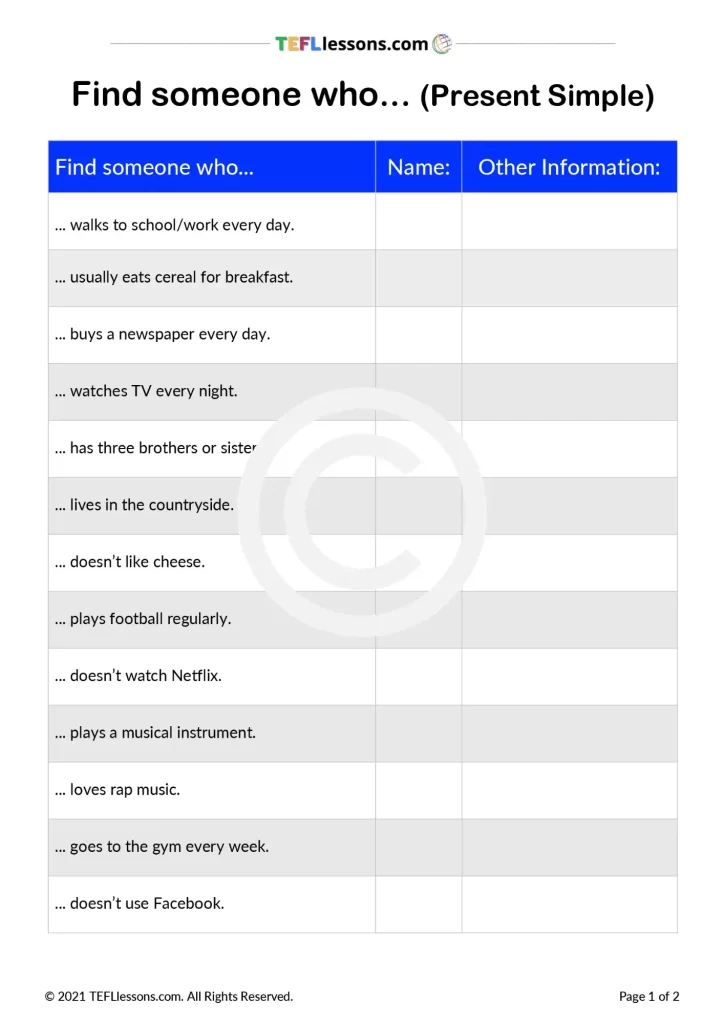 Present Simple Speaking Activity - TEFL Lessons - tefllessons.com | ESL ...