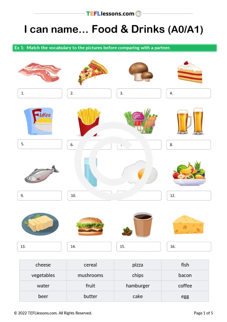 Food and Drink Vocabulary - TEFL Lessons - tefllessons.com | ESL lesson ...