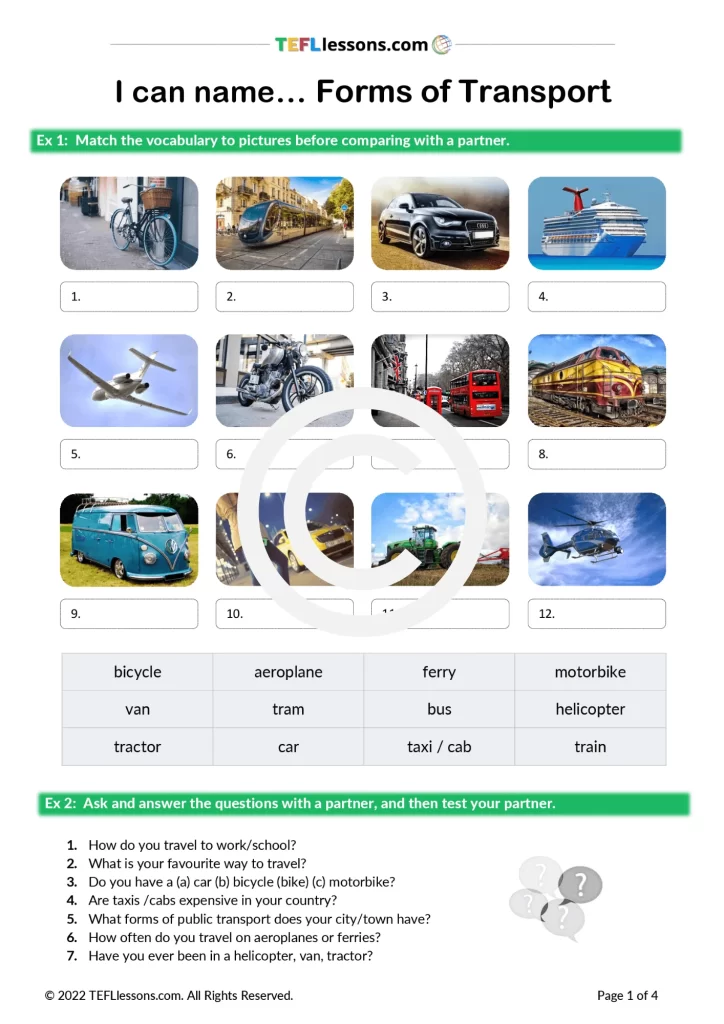 Transport Vocabulary Lesson - TEFL Lessons - tefllessons.com | ESL ...