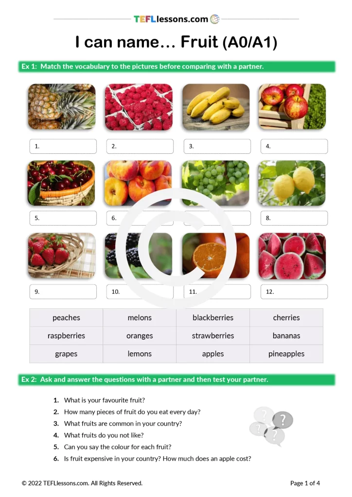 Fruit Vocabulary - TEFL Lessons - tefllessons.com | ESL lesson plans ...