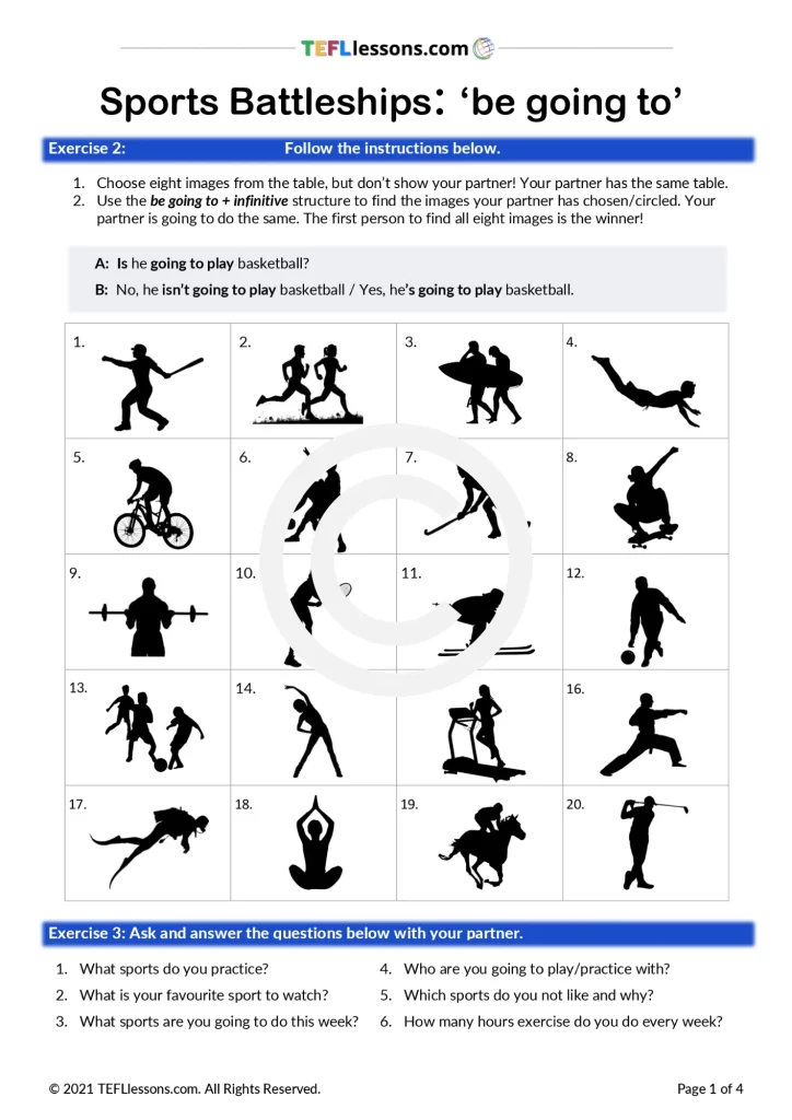 Sports Battleships with 'going to' - TEFL Lessons - tefllessons.com ...