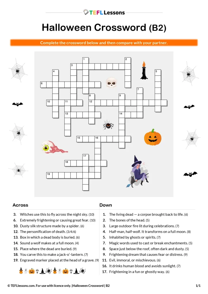 ESL Halloween Crossword (B2 – Upper Intermediate) | Printable Halloween ...