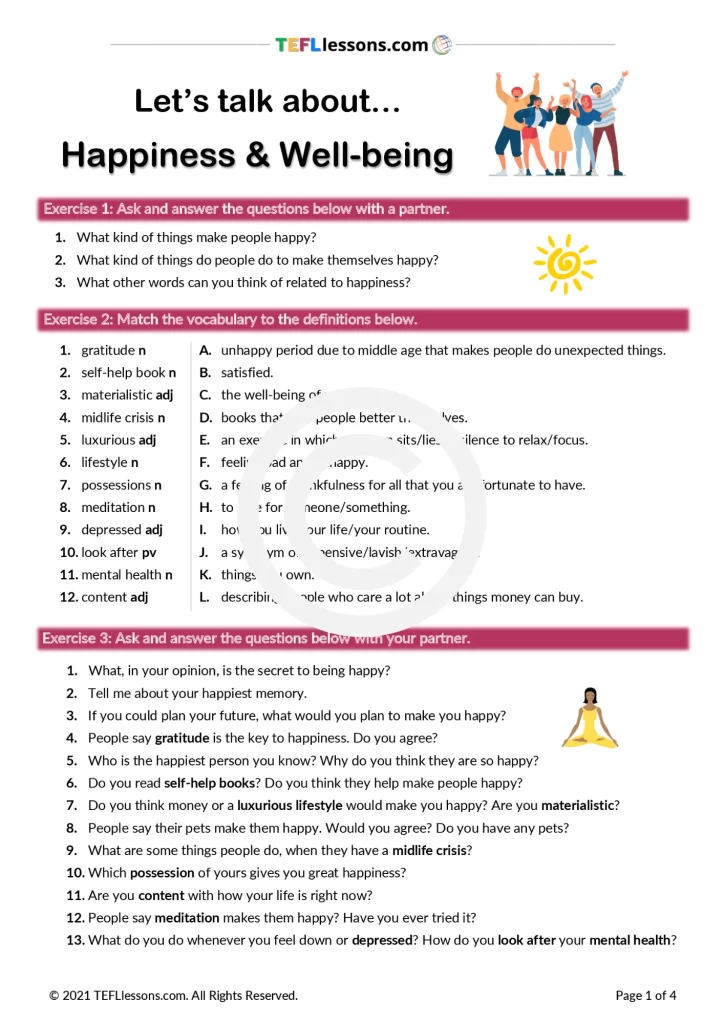 Happiness and Well-being - TEFL Lessons - tefllessons.com | ESL worksheets