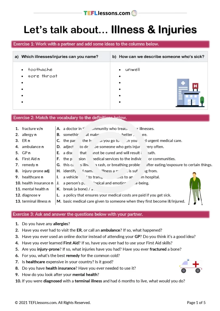 Talking about Illnesses - TEFL Lessons - tefllessons.com | ESL lesson ...