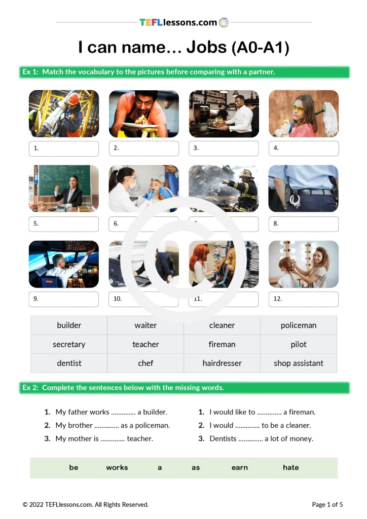 Job Vocabulary Lesson - TEFL Lessons - tefllessons.com | ESL lesson ...