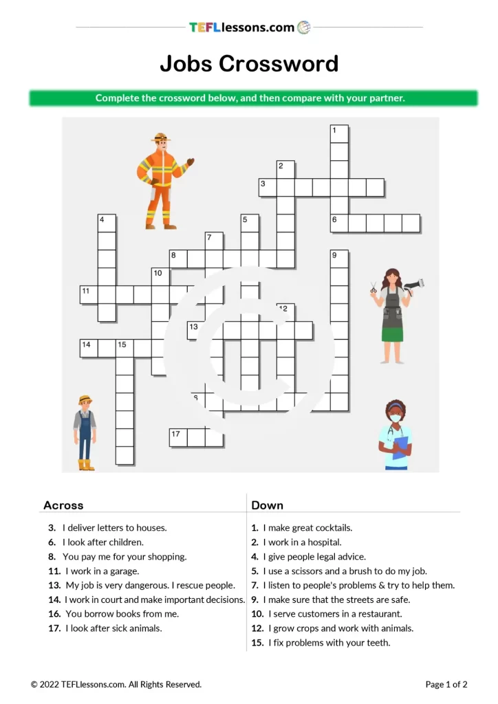 Jobs Vocabulary Crossword - TEFL Lessons - tefllessons.com | ESL ...