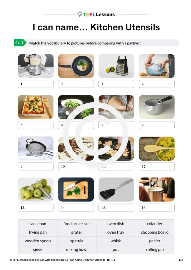 Kitchen Utensils ESL Lesson – Vocabulary and Speaking Activities - TEFL ...