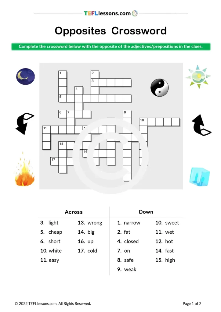 Opposites Crossword - TEFL Lessons - tefllessons.com | ESL Worksheets ...