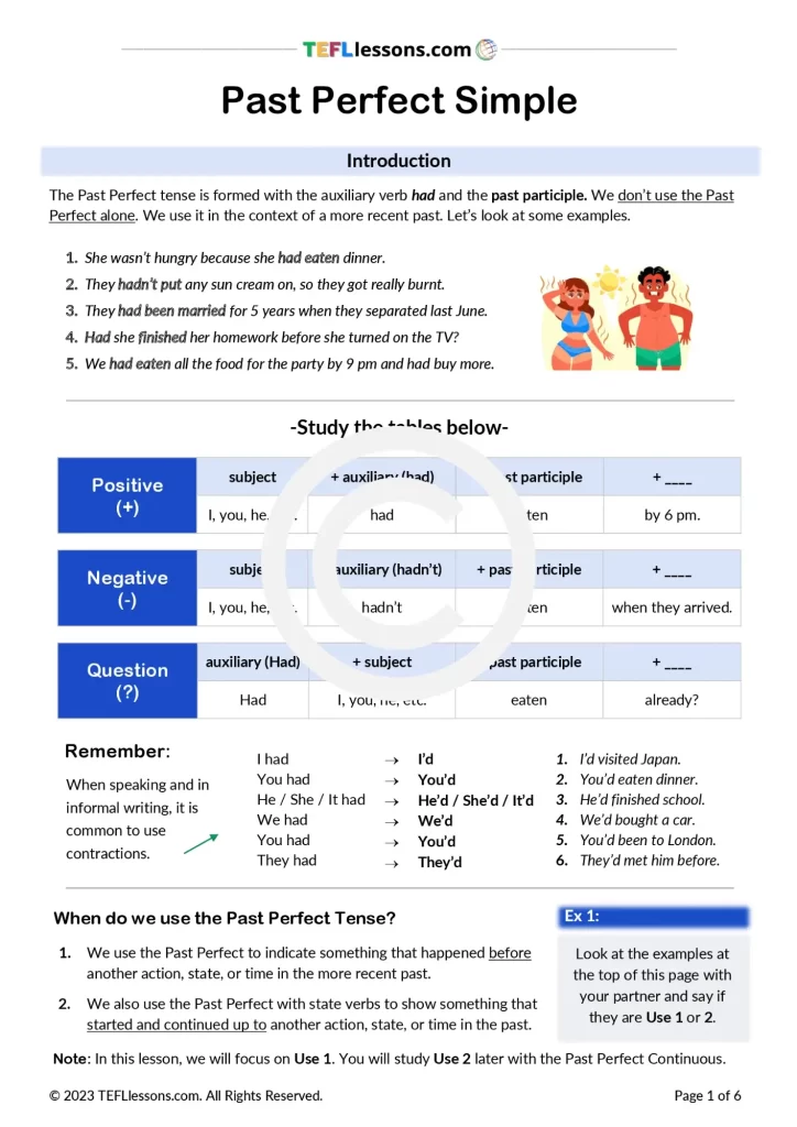 Past Perfect Lesson - TEFL Lessons | ESL Lesson Plans and Worksheets