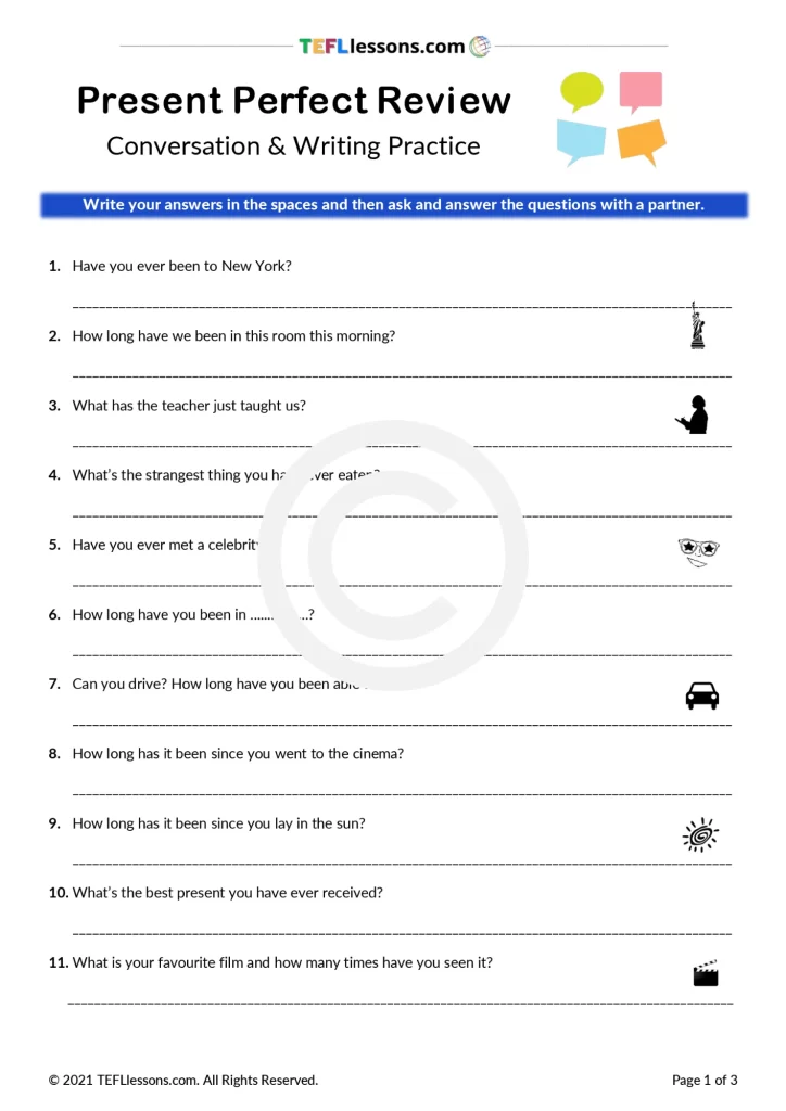 Present Perfect Speaking Practice - TEFL Lessons - tefllessons.com ...