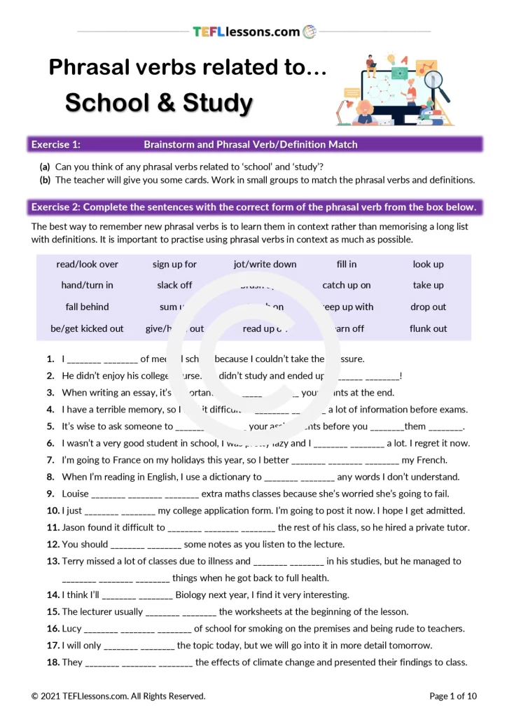 Study Phrasal Verbs & School Phrasal Verbs - TEFL Lessons - tefllessons ...