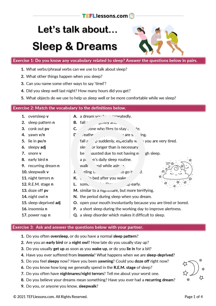 Sleep & Dreams Speaking Lesson - TEFL Lessons - tefllessons.com | ESL ...