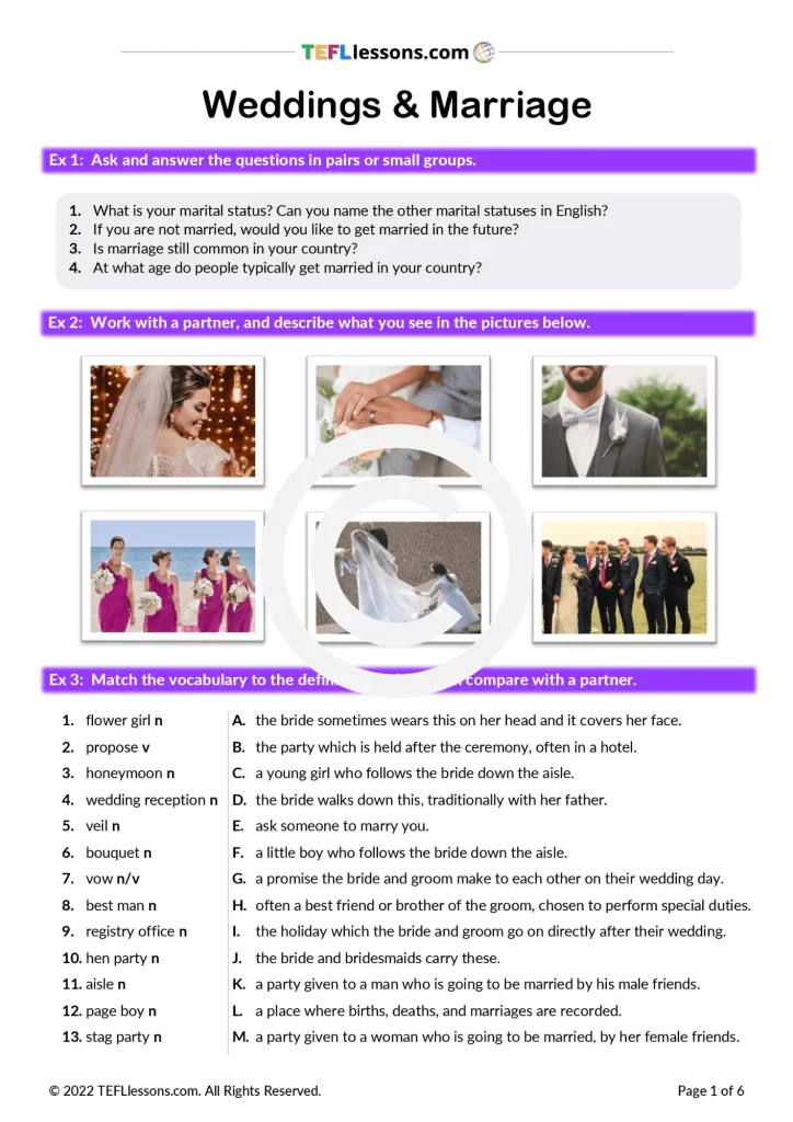 Weddings & Marriage Vocabulary - TEFL Lessons | ESL lesson plans worksheets
