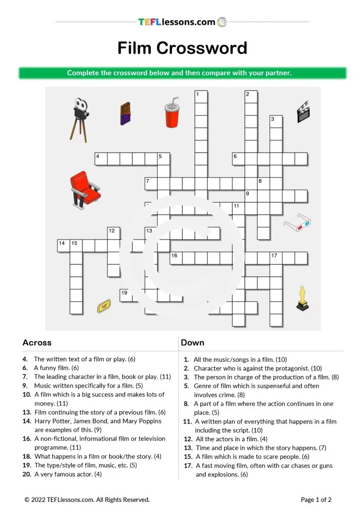 Film Vocabulary Crossword - TEFL Lessons - tefllessons.com | ESL Lesson ...