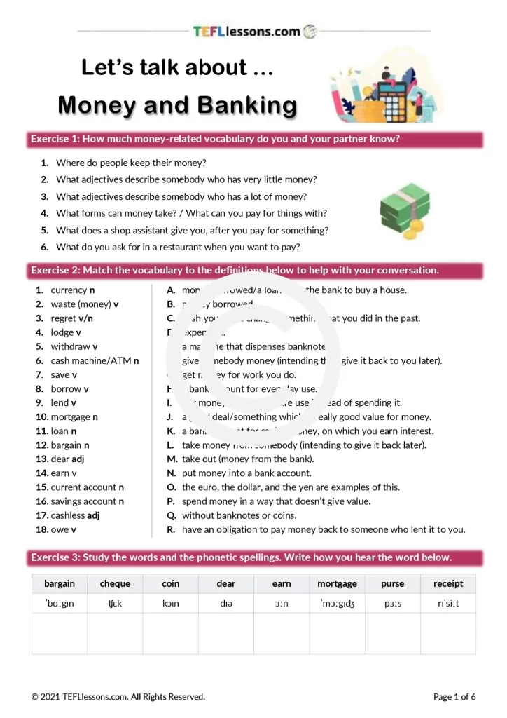 Money and Banking Vocabulary - TEFL Lessons - tefllessons.com | ESL ...