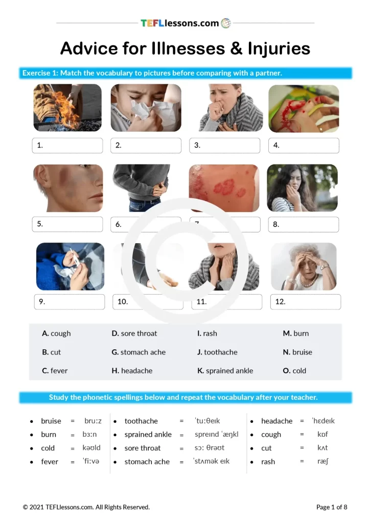 Advice for Illnesses Lesson | TEFL Lessons - tefllessons.com | ESL ...