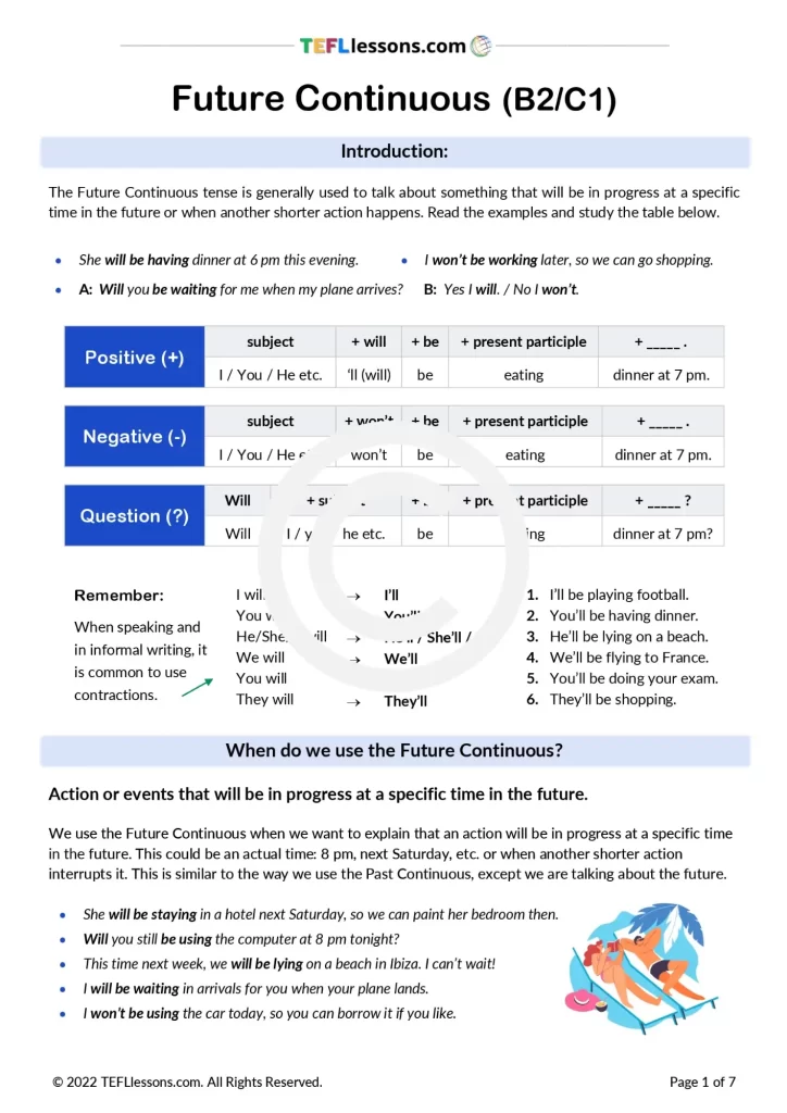 Future Continuous | TEFL Lessons - tefllessons.com | ESL Worksheets and ...