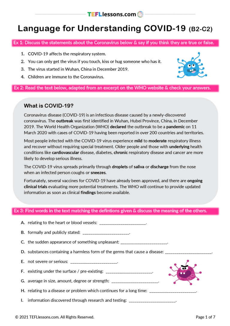 COVID-19 ESL Lesson | TEFL Lessons - tefllessons.com | ESL worksheet