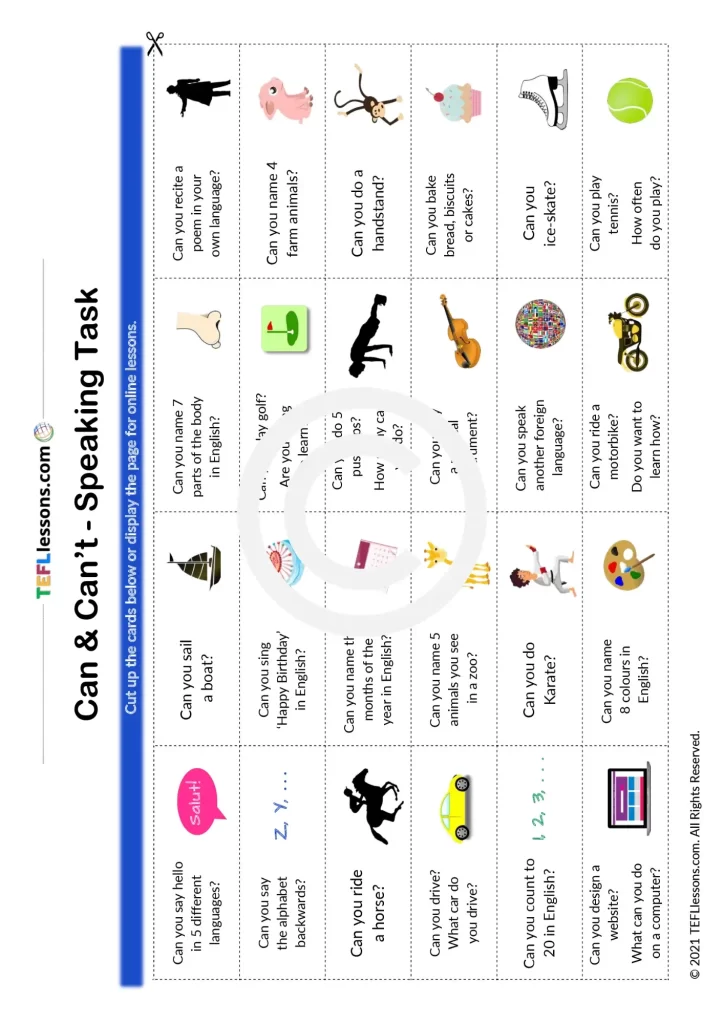 Can & Can't Speaking Practice | TEFL Lessons - tefllessons.com | ESL ...