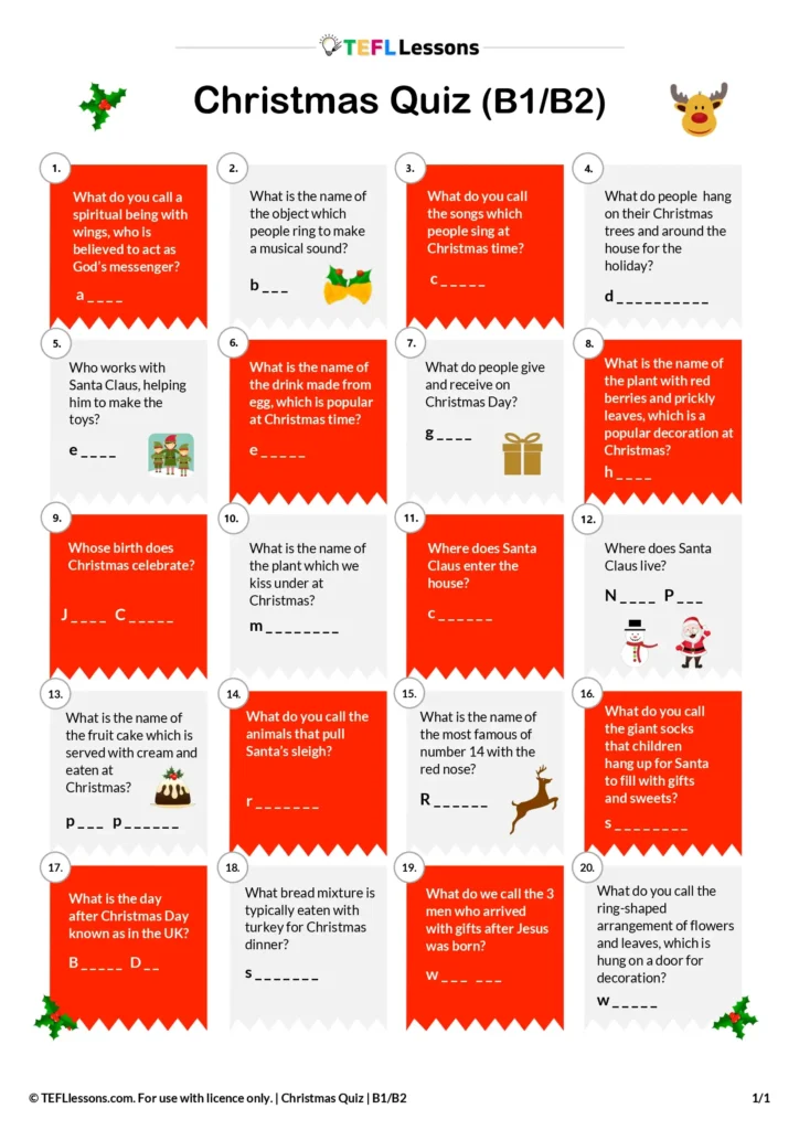 Christmas Quiz B1 B2 – Intermediate ESL Christmas English Quiz - TEFL ...