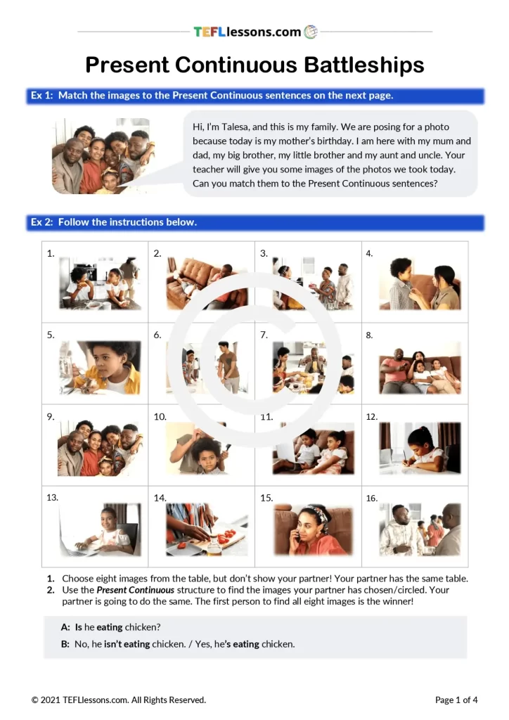 Present Continuous Battleships - TEFL Lessons - tefllessons.com | ESL ...