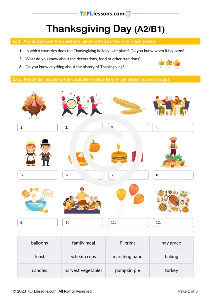 Thanksgiving Day Lesson - TEFL Lessons - tefllessons.com | Free ESL ...