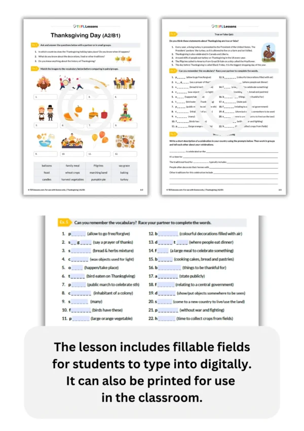 ESL Thanksgiving Lesson – A2/B1 Intermediate Lesson Plan - TEFL Lessons ...