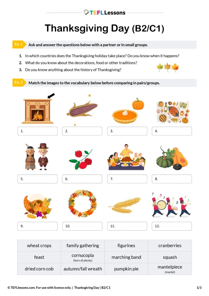 Free Advanced Thanksgiving ESL Lesson – Reading & Paraphrasing (B2/C1 ...