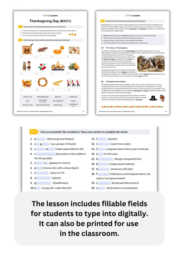 Free Advanced Thanksgiving ESL Lesson – Reading & Paraphrasing (B2/C1 ...