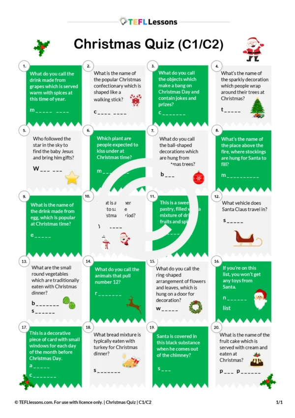 ESL Christmas Vocabulary Quiz – C1/C2 Printable Activity - TEFL Lessons ...
