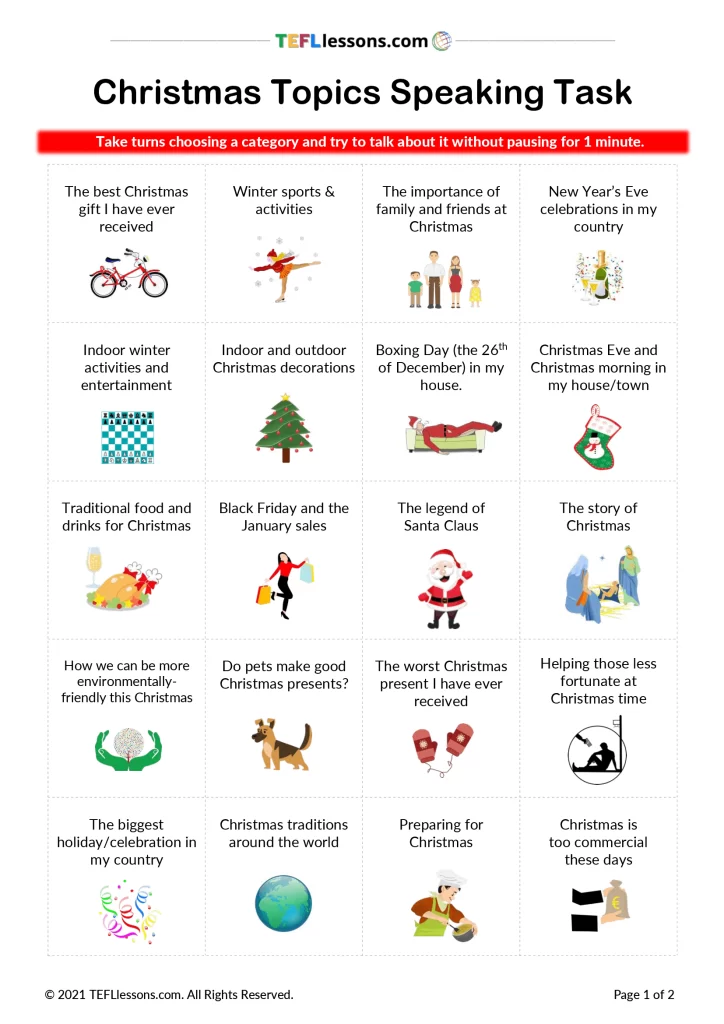 Christmas Speaking Task - TEFL Lessons - tefllessons.com | Free ESL ...