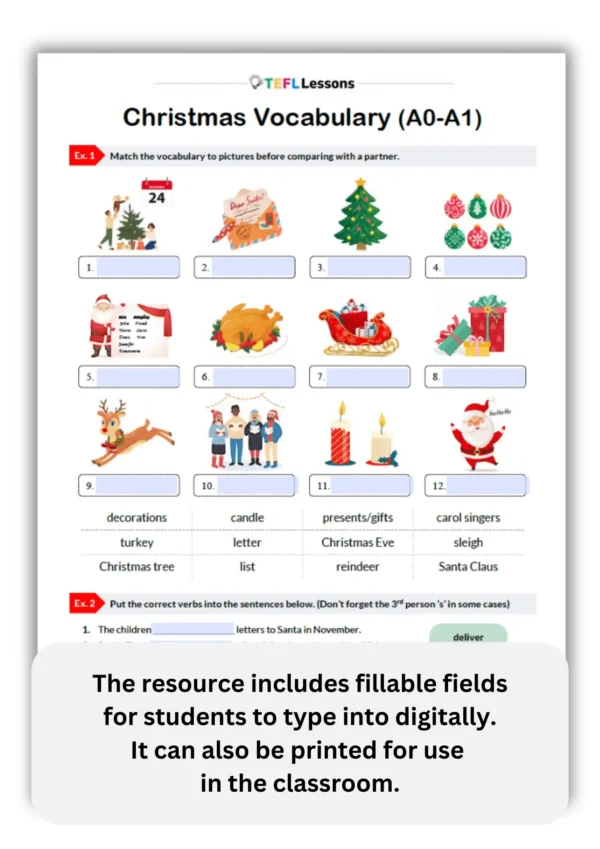 Christmas Vocabulary for ESL – A0/A1 Printable Worksheet - TEFL Lessons ...