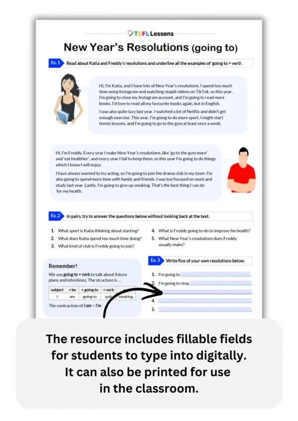 Going To Reading Comprehension | New Year’s Resolutions ESL Lesson ...